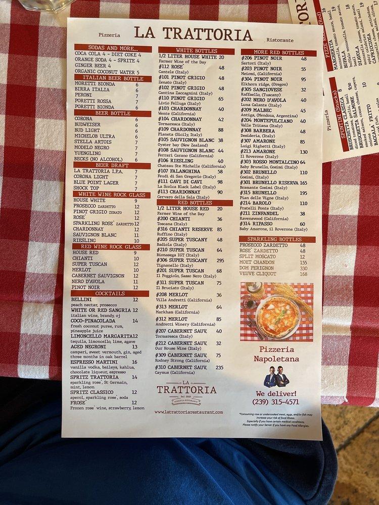 Menu at La Trattoria pizzeria, Naples