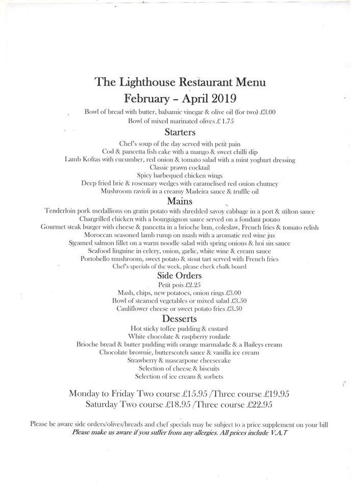 Carta de The Oysterfleet Hotel, Restaurant & Bar, Canvey Island