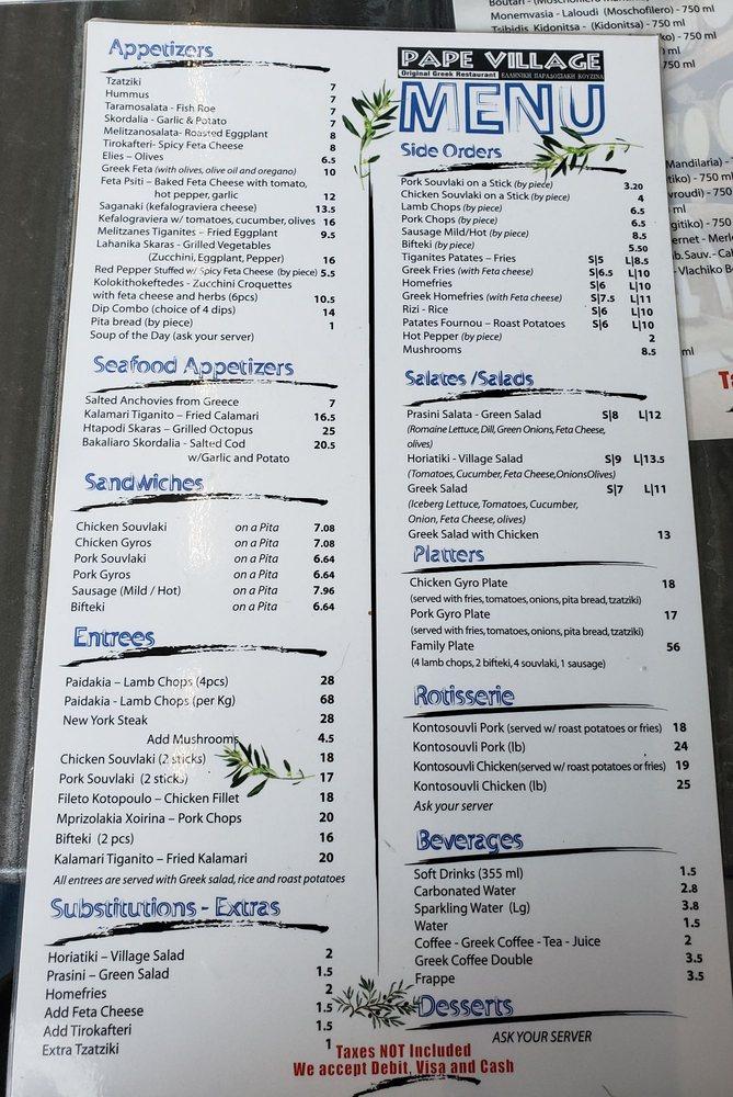 Menu at Pape Village Original Greek Restaurant, Toronto