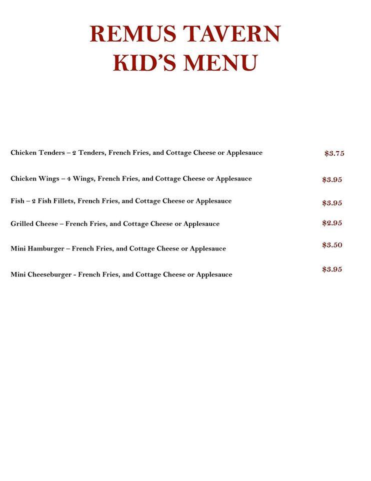 Menu at Remus Tavern pub & bar, Remus