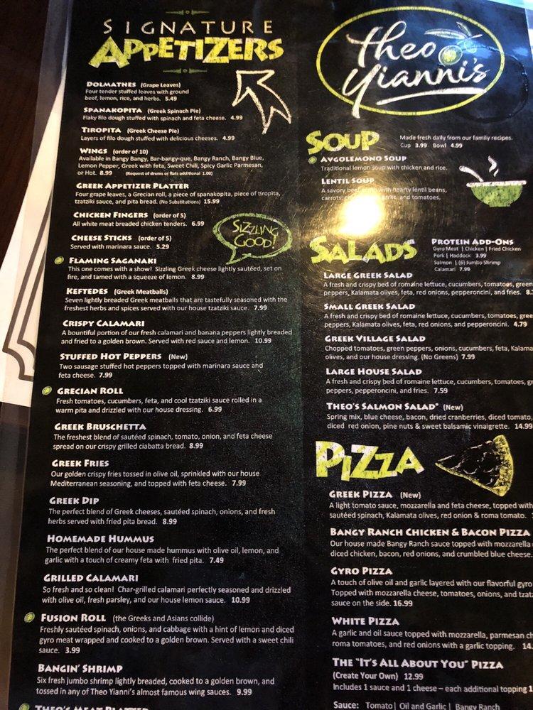 Menu at Theo Yianni's pizzeria, Weirton