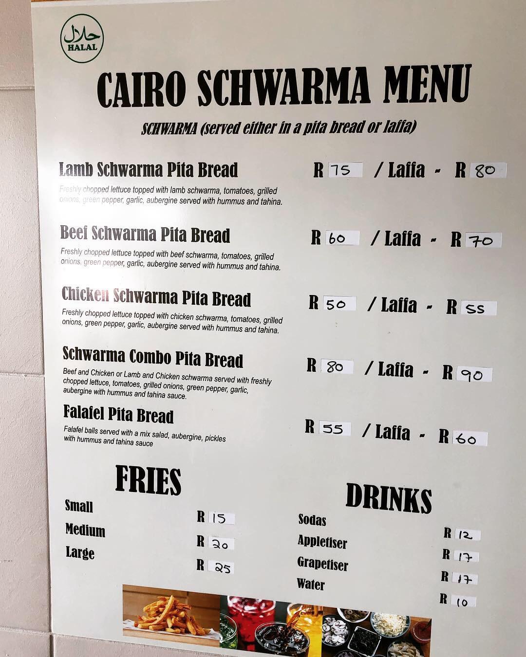 Menu at cairo schwarma sea point restaurant, Cape Town