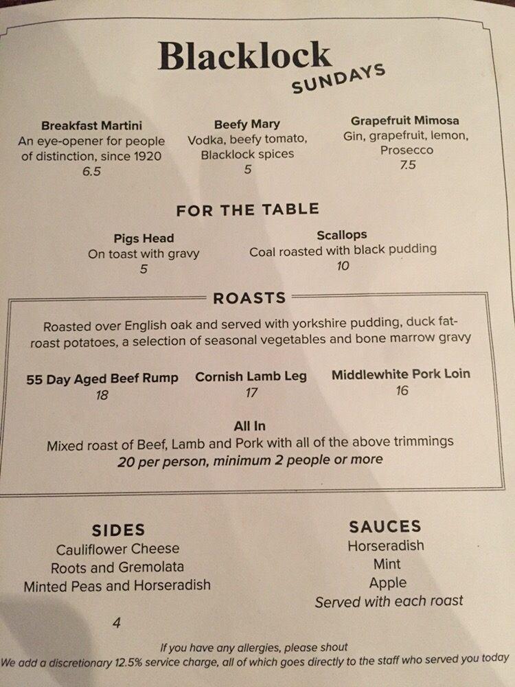 Menu at Blacklock Soho pub & bar, London, 24 Great Windmill St