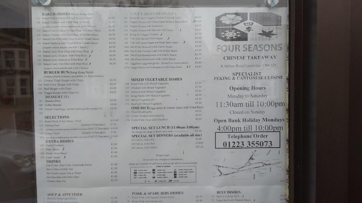 Menu at Four Seasons fast food, Cambridge