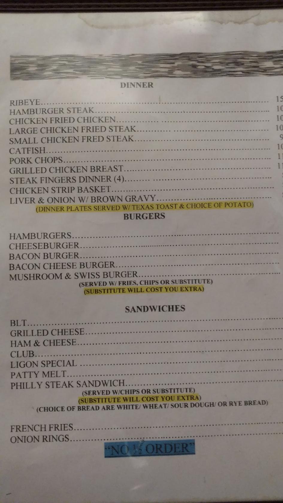 Menu at Llano's Hungry Hunter restaurant, Llano