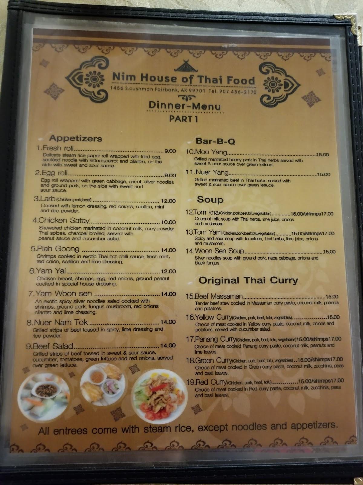 Carta del restaurante Nim's House of Thai Food, Fairbanks