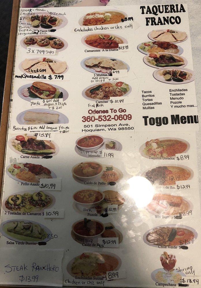 Menu at Taqueria Franco restaurant, Hoquiam