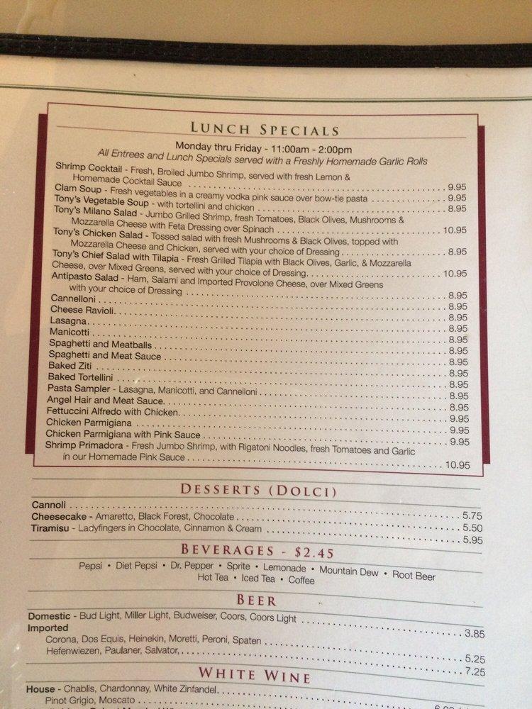 Menu at Tony's Italian Kitchen restaurant, Greenville