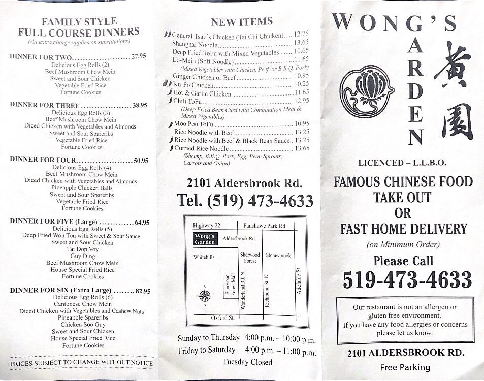Menu at Wong's Garden restaurant, London