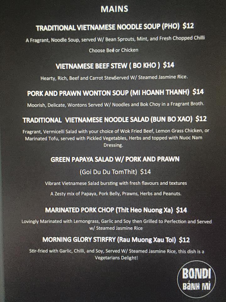 Menu at Bondi Banh Mi fast food, Bondi Beach