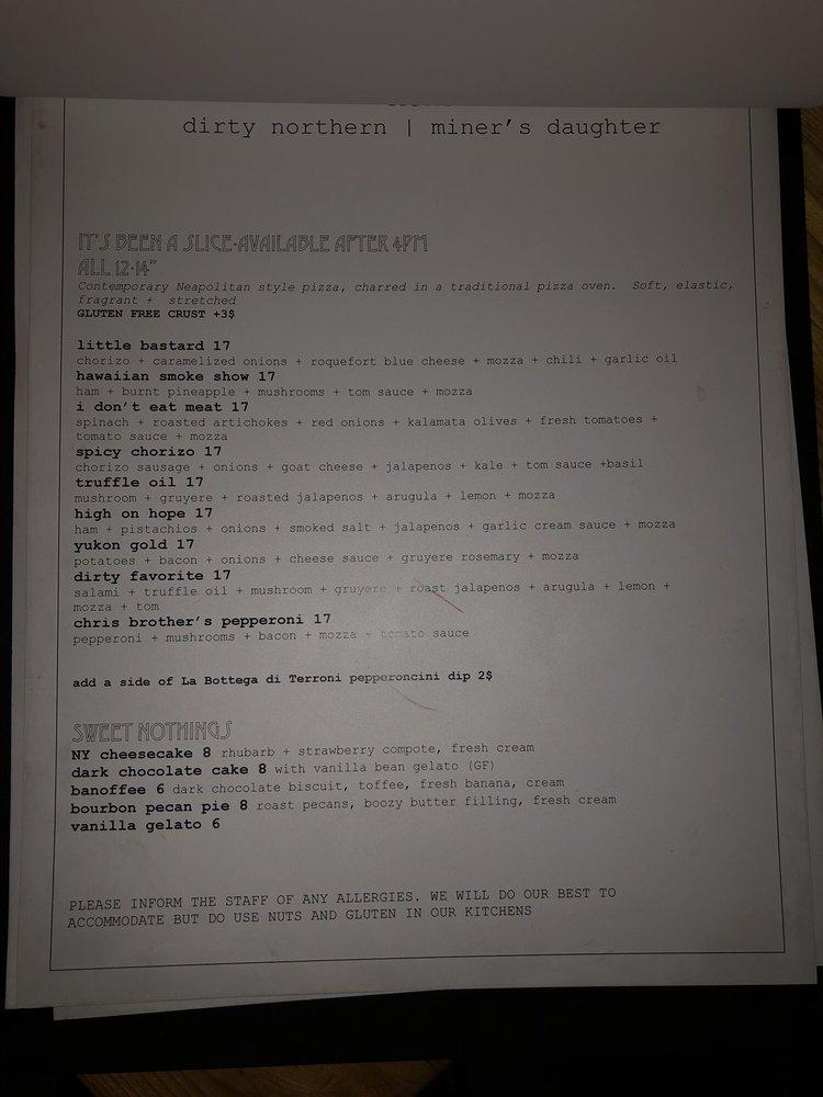 Menu at Dirty Northern pub & bar, Whitehorse