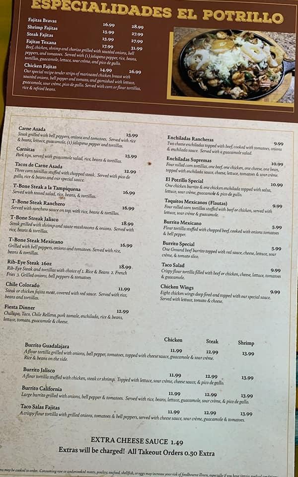 Menu at Los Potrillos Mexican Restaurant, Jennings