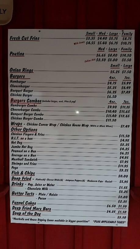 Menu at Oly's Little Red Chip Wagon fast food, Noëlville