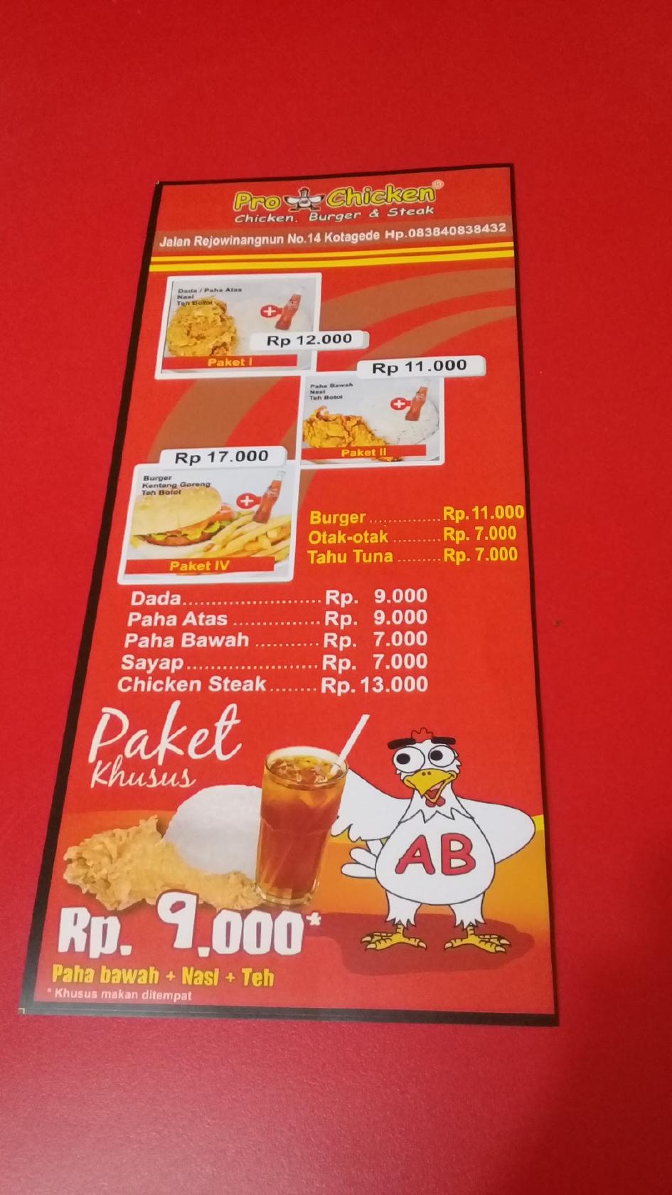 Menu at Pro AB Chicken Jowinangun restaurant, Yogyakarta