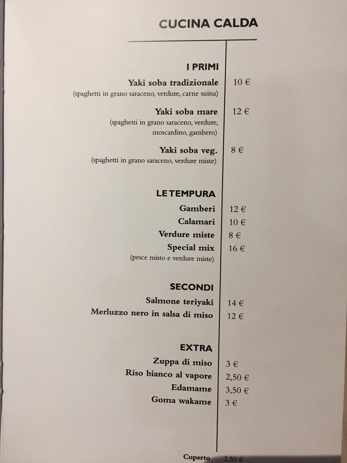 Menu at Seta Sushi Lab restaurant, Bologna