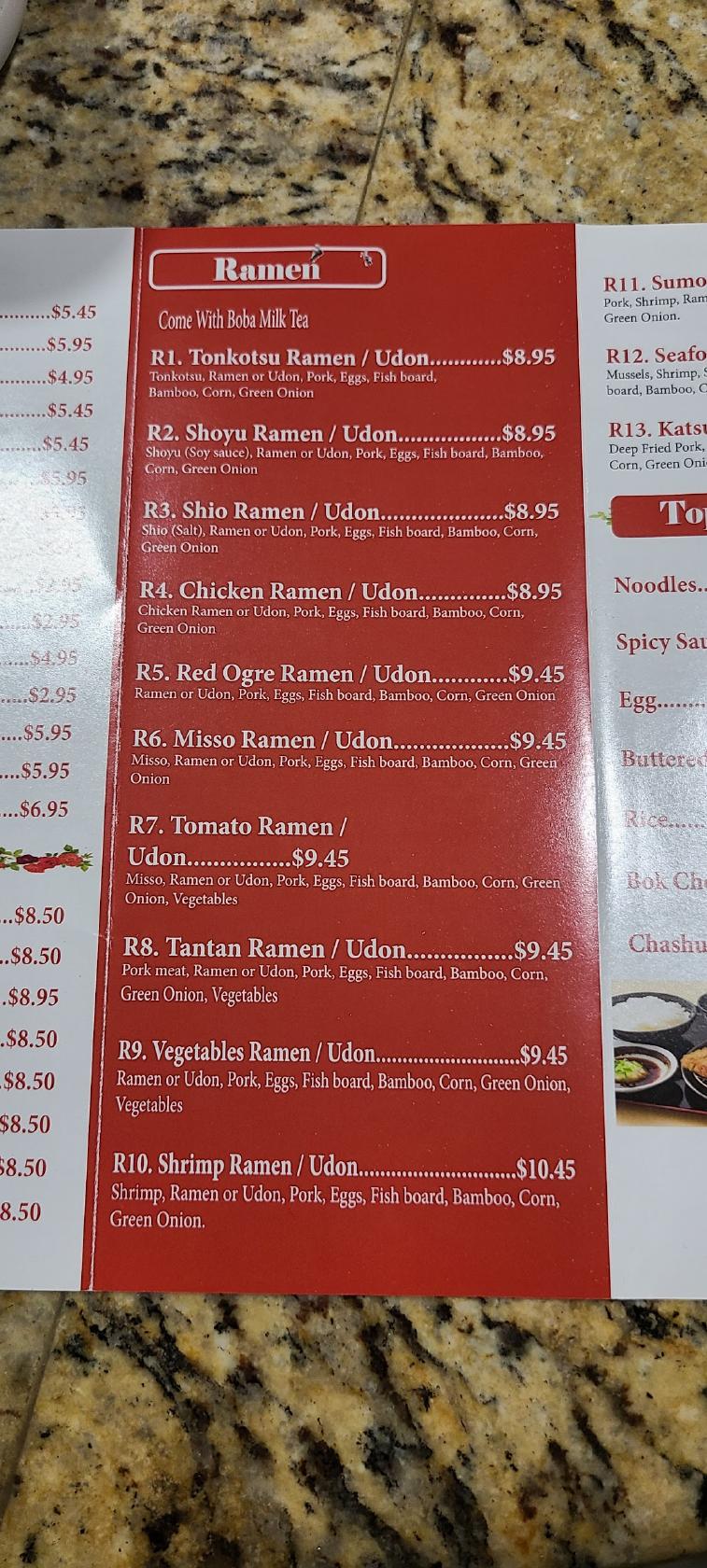 Menu at Sumo Ramen restaurant, Arlington