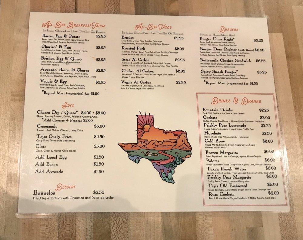 Carta del restaurante Tejas, Dallas