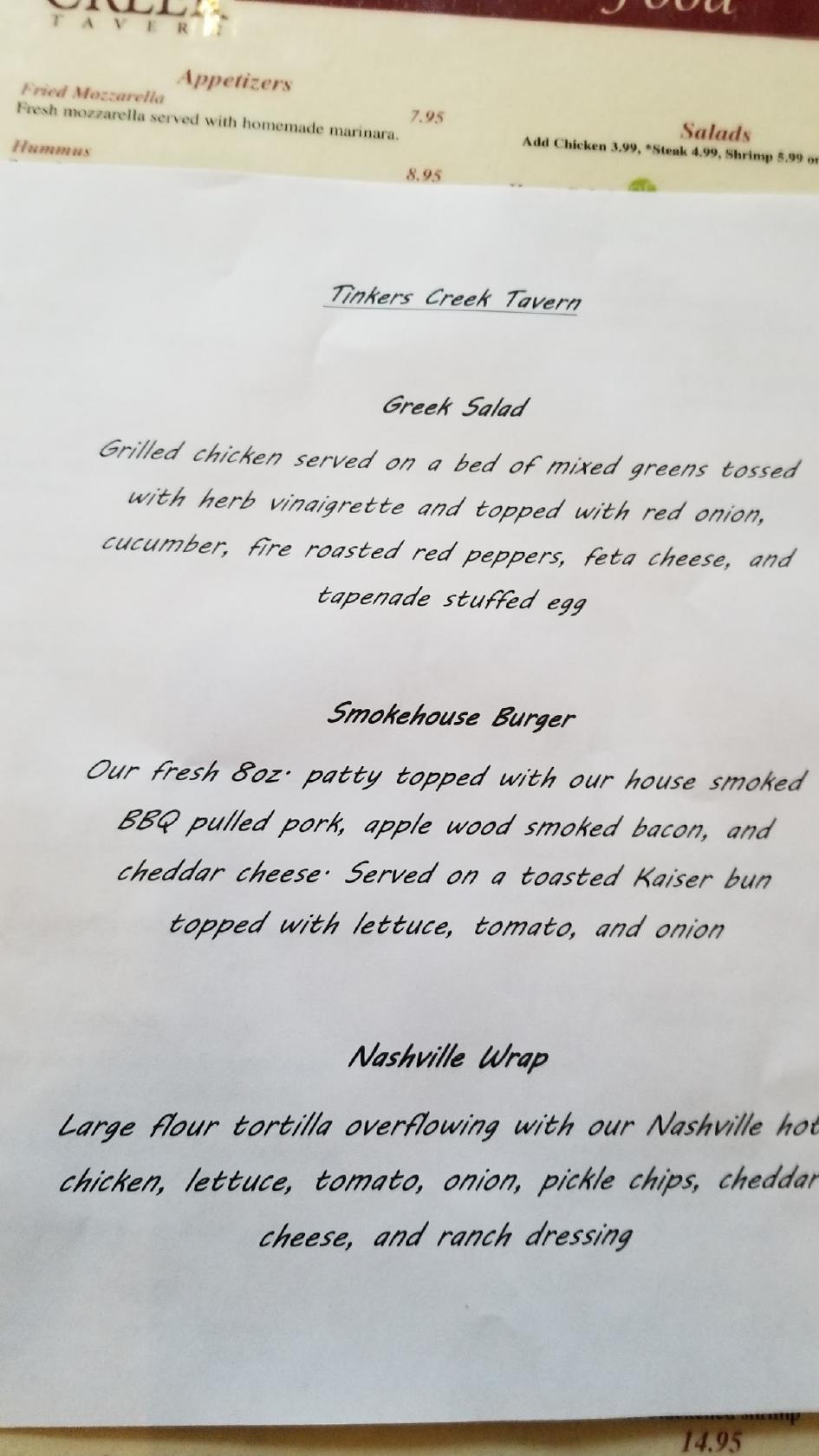 Menu at Tinkers Creek Road Tavern restaurant, Walton Hills