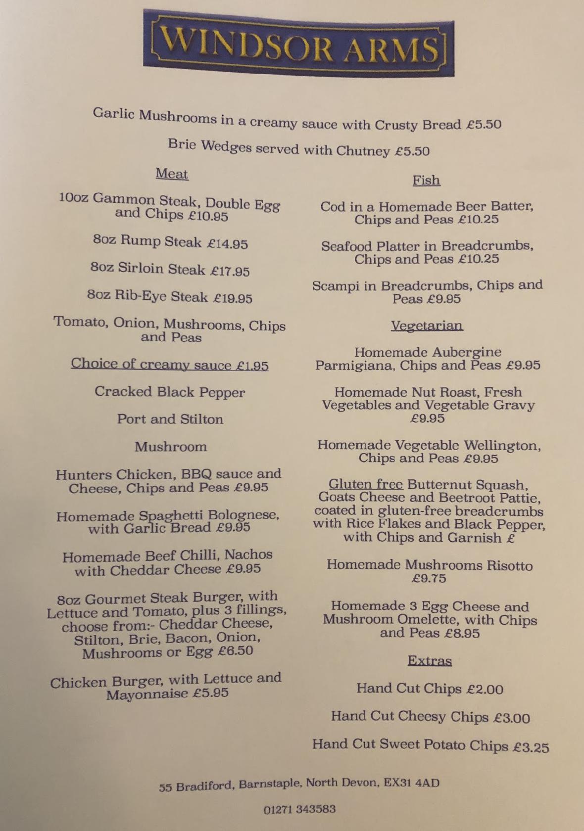 Menu at Windsor Arms pub & bar, Barnstaple