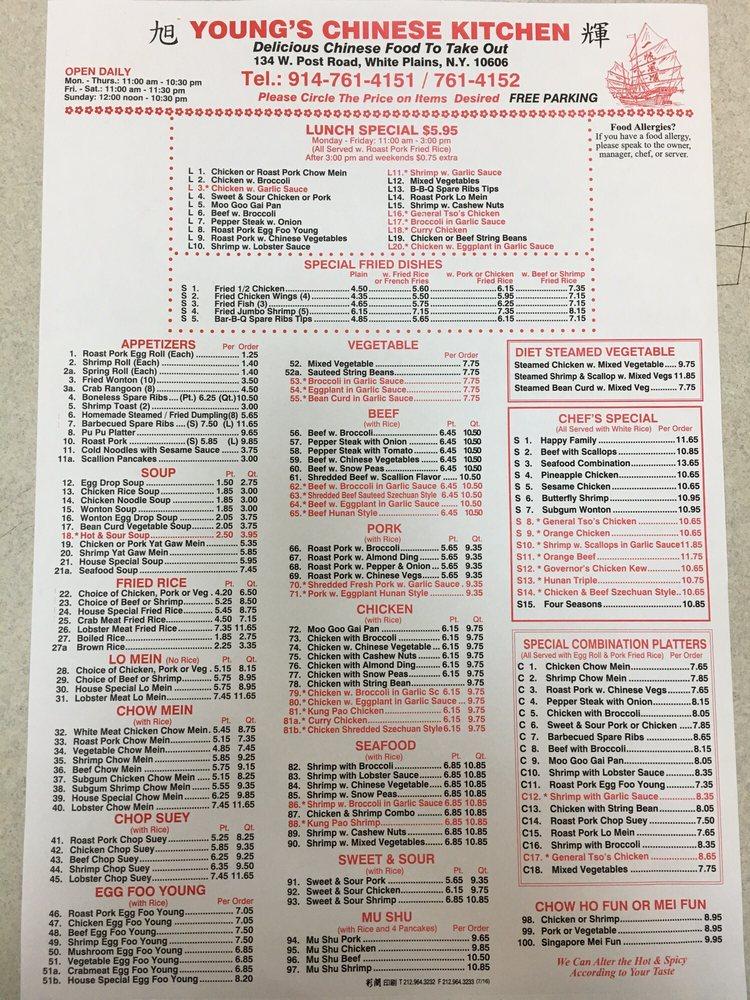 Menu at Young's Chinese Kitchen restaurant, White Plains