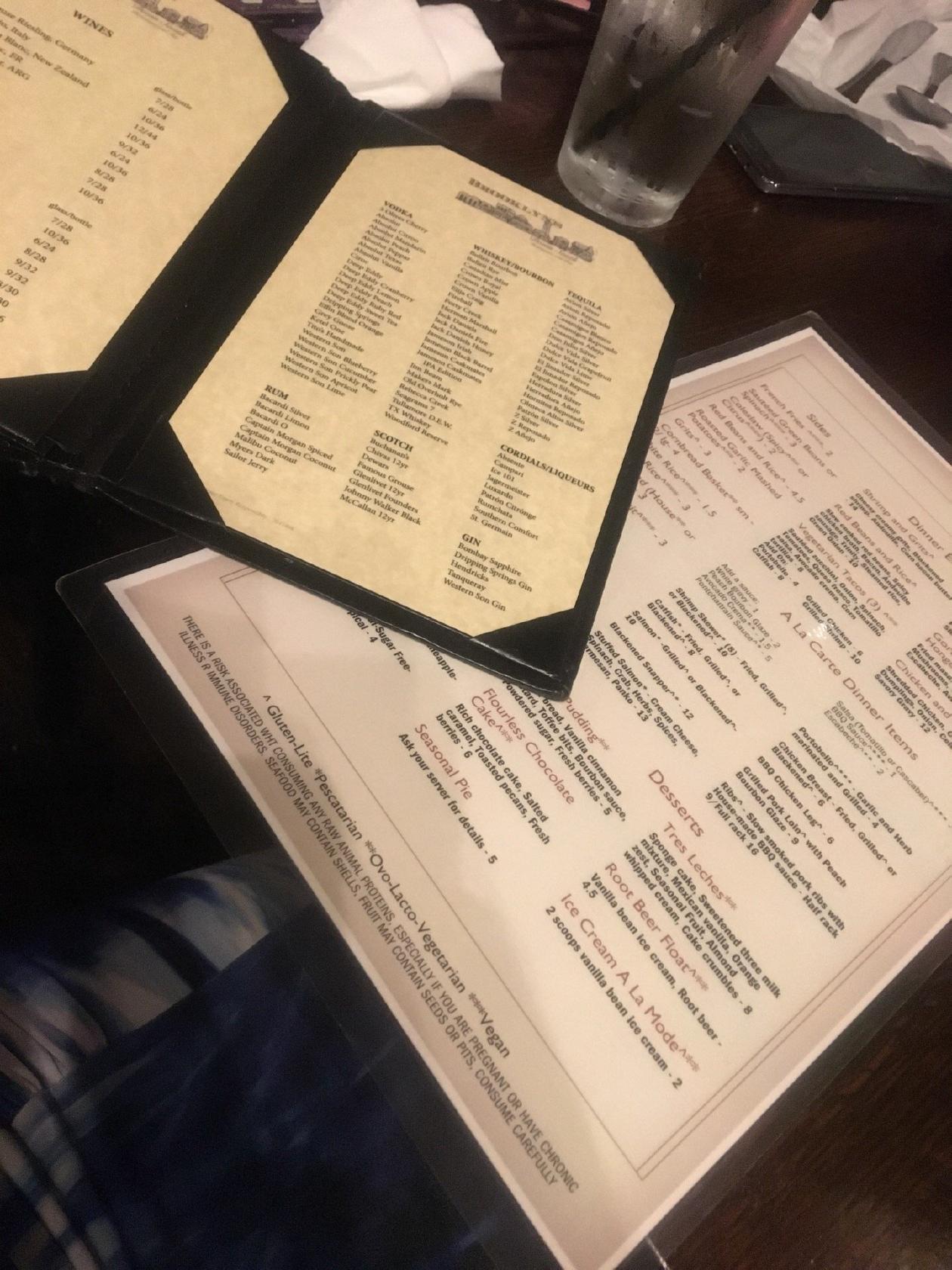 Menu at Brooklyn's Down South restaurant, Buda