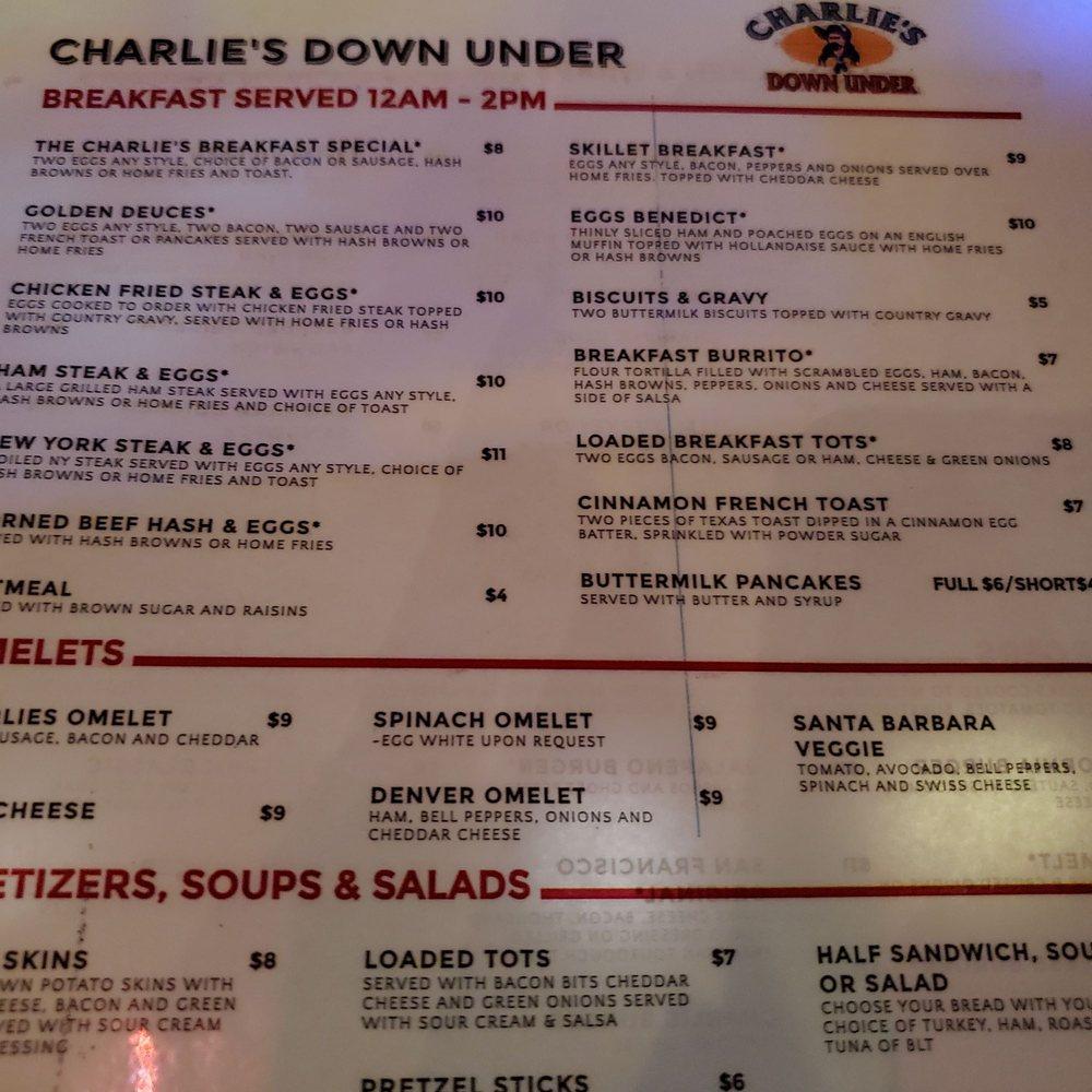 Menu at Charlie's Down Under pub & bar, Las Vegas