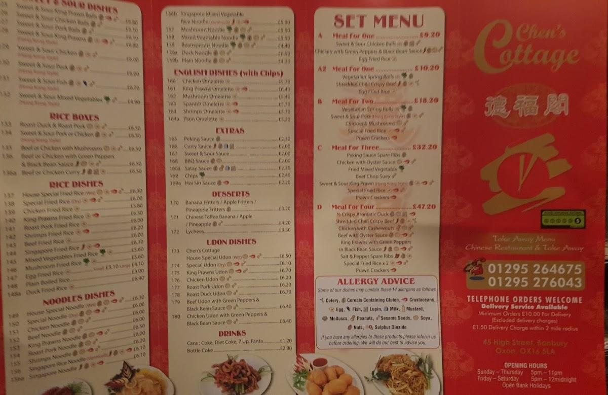 Menu at Chen's Cottage restaurant, Banbury
