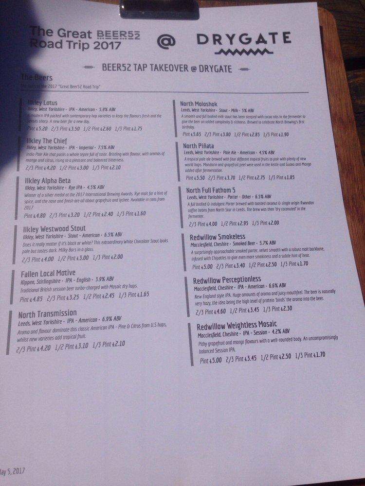 Menu at Drygate pub & bar, Glasgow