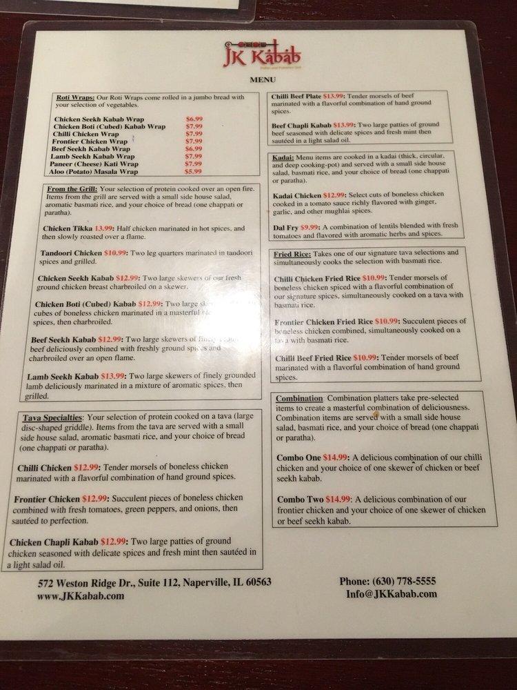 Menu at JK Kabab restaurant, Naperville