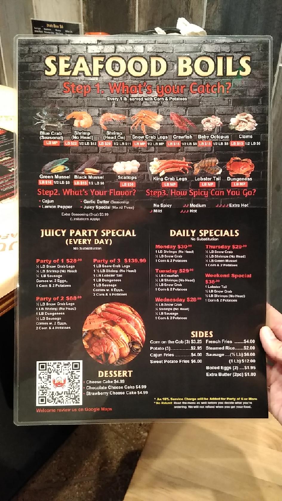 Menu at Juicy Seafood and Bar, Mesquite