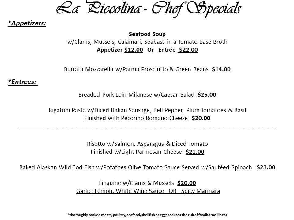 Menu at La Piccolina restaurant, New Milford, 27 Main St