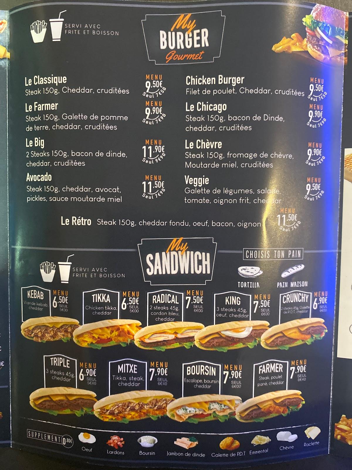 Menu au My Place restaurant, Palaiseau