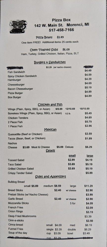 Menu at Pizza Box pizzeria, Morenci