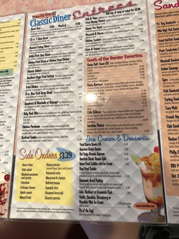 Menu at Rosie's Diner Aurora cafe, Aurora