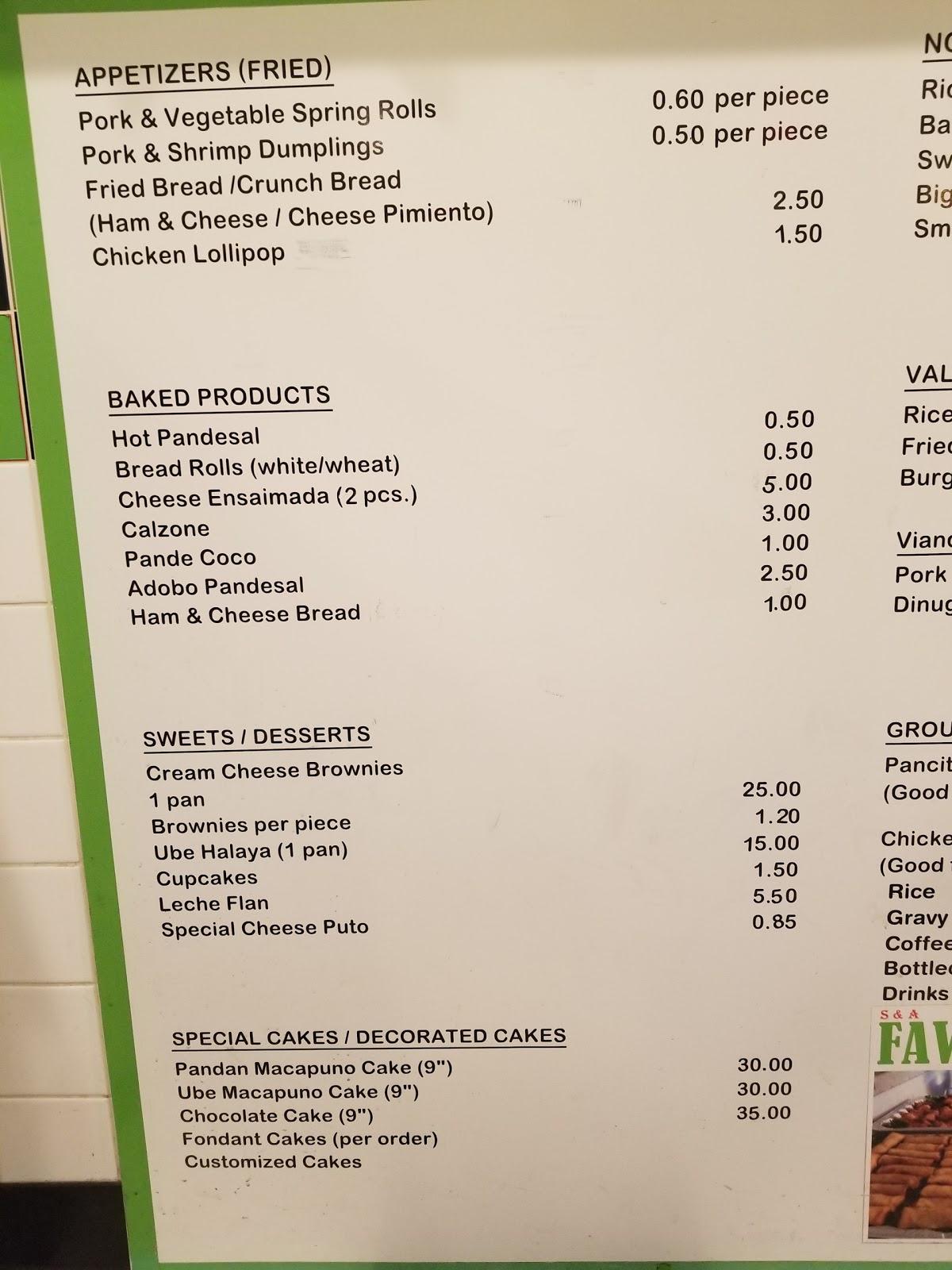 Menu at S&A Favorito Foods restaurant, Regina