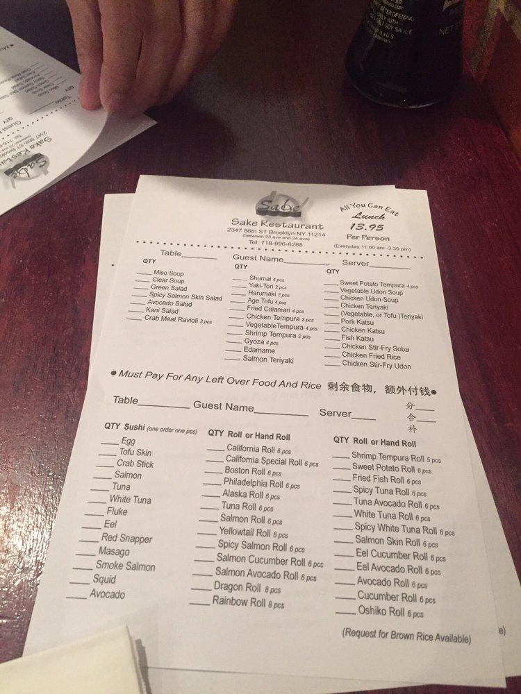 Menu at Sake Sushi restaurant, New York City, 86th St