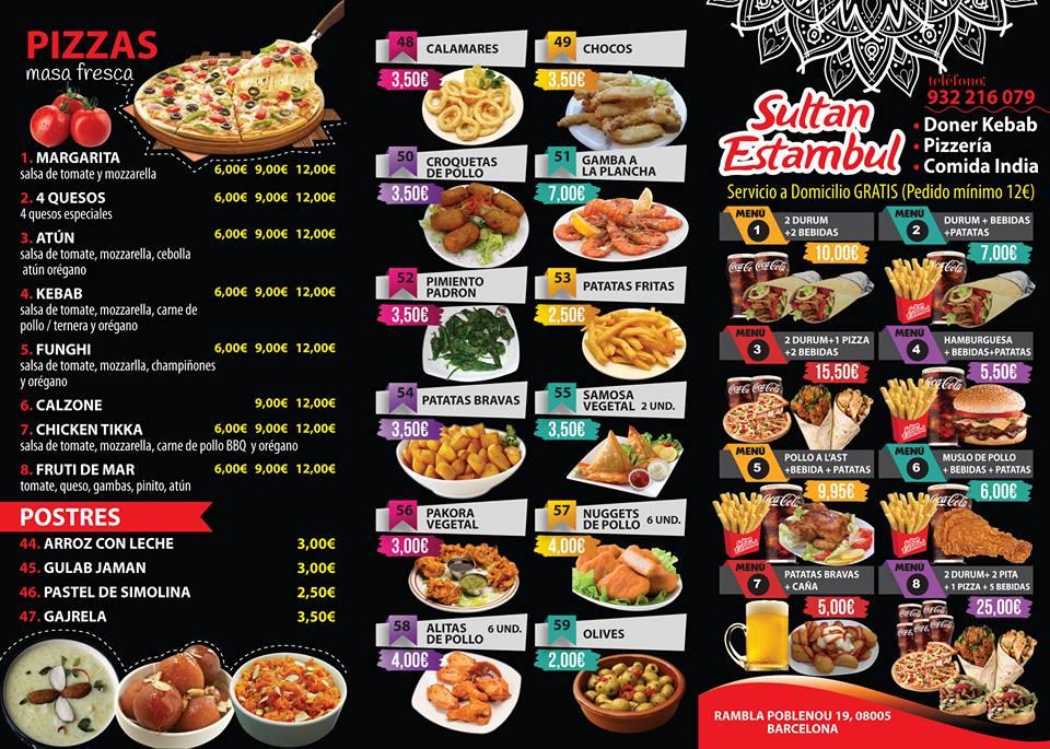 Menu at Sultán Estambul restaurant, Barcelona, Rambla del Poblenou