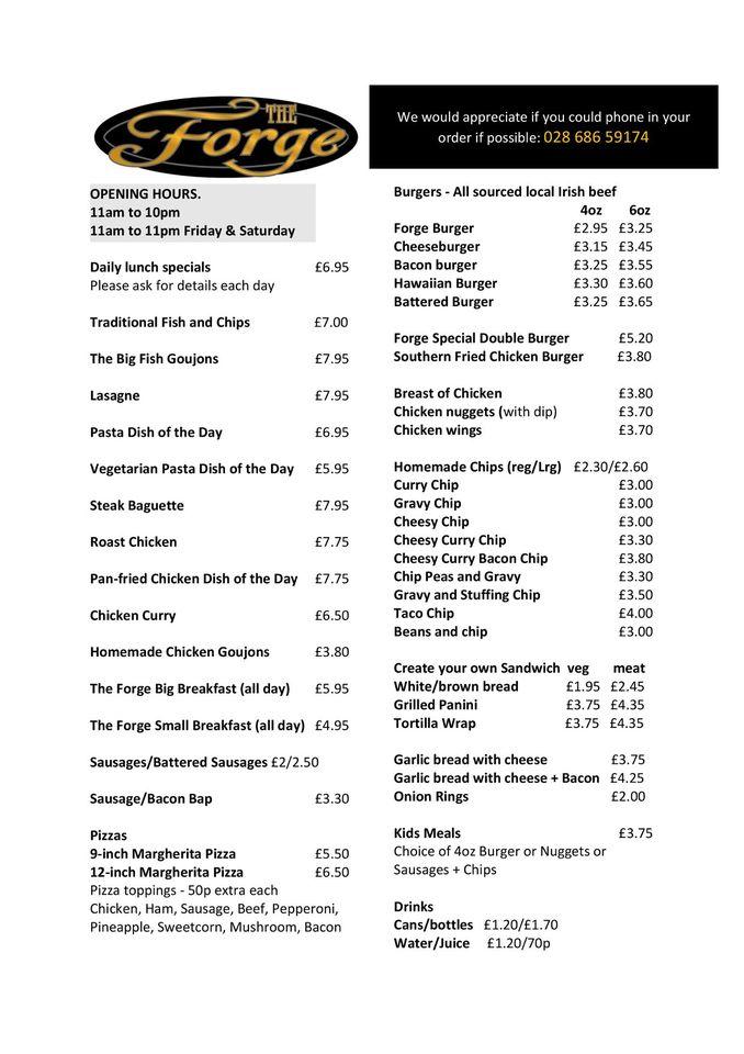 Menu at The Forge fast food, Belleek