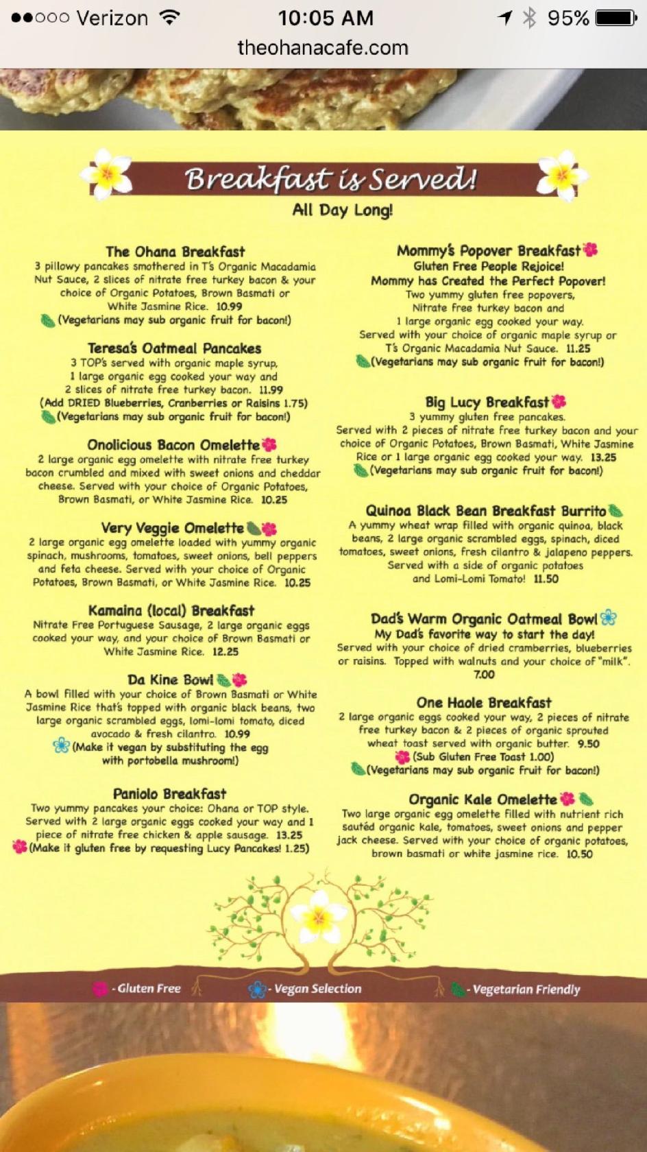 Menu at Ohana Cafe, Dunedin, Main St