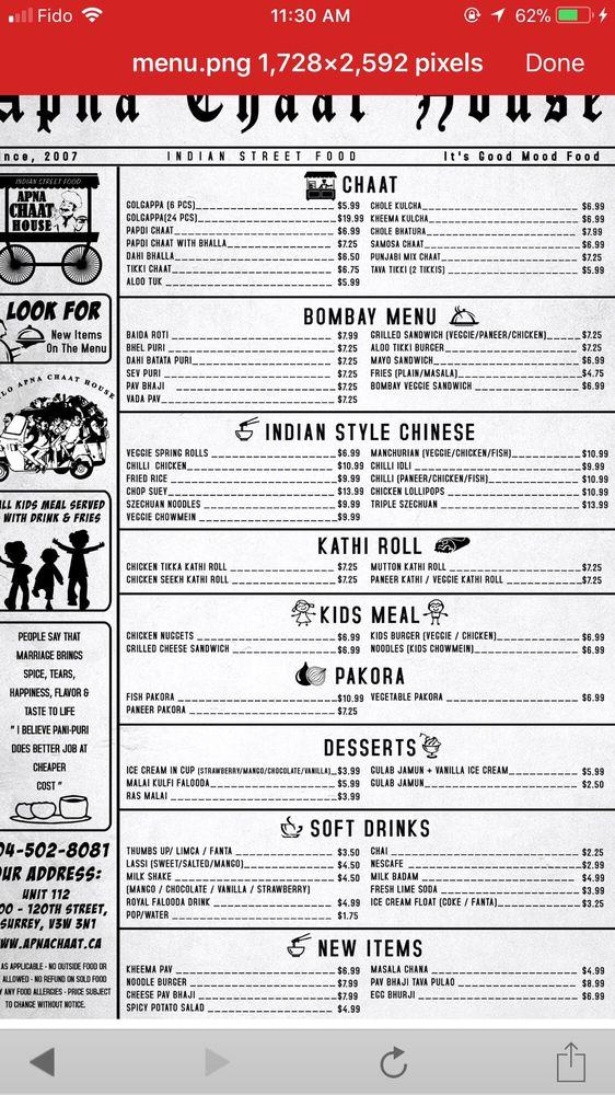 Menu at Apna Chaat House restaurant, Surrey, 120 St #201