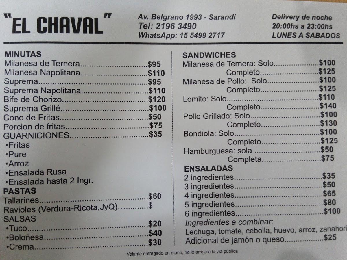 Menu at El Chaval pub & bar, Avellaneda