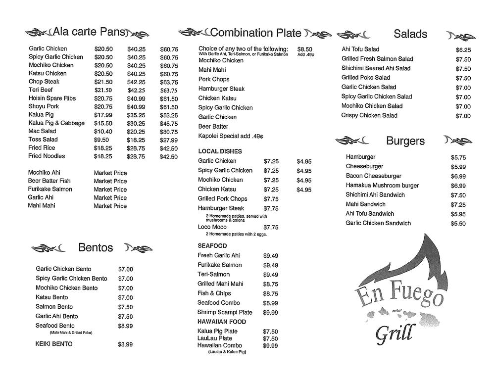 Menu at En Fuego Grill & Catering restaurant, Kapolei