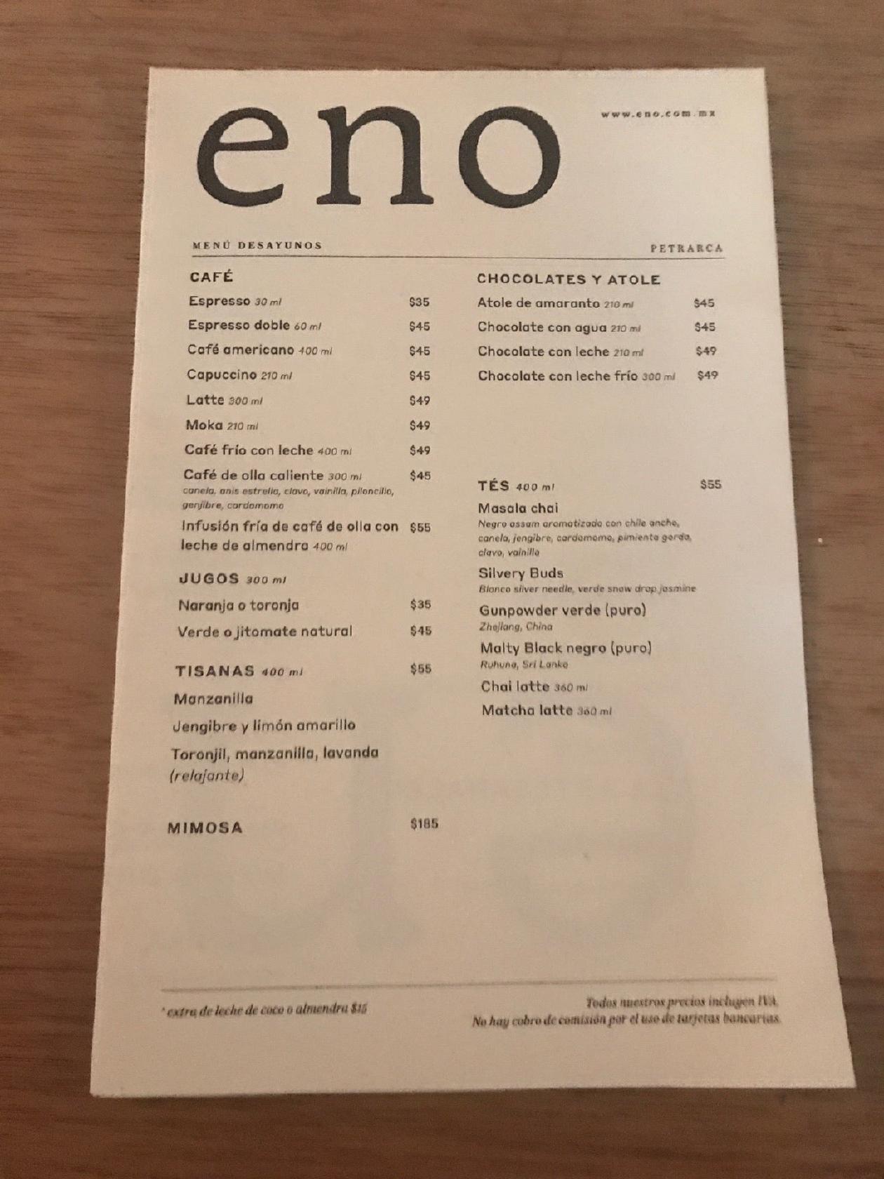 Carta de cafetería ENO, Ciudad de México, Lomas - Virreyes