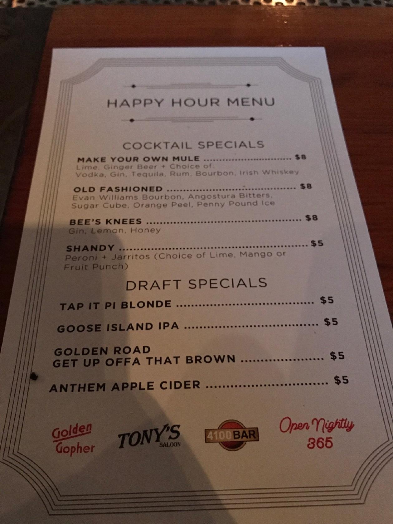 Menu at Golden Gopher pub & bar, Los Angeles