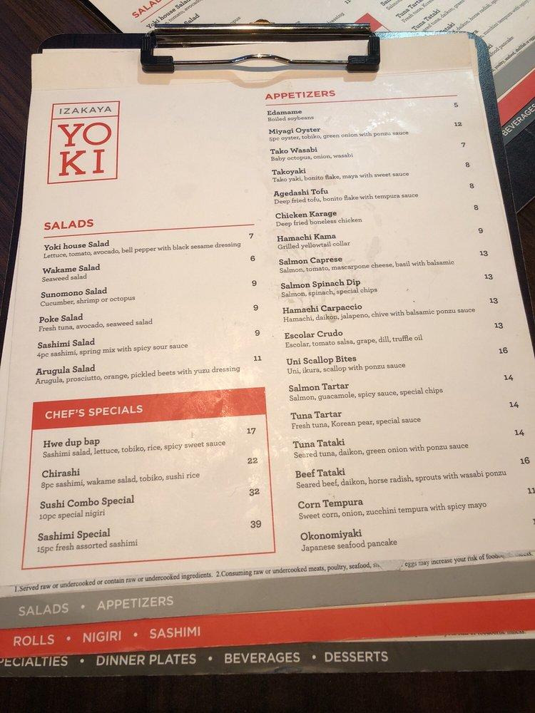 Menu at Izakaya Yoki restaurant, San Francisco