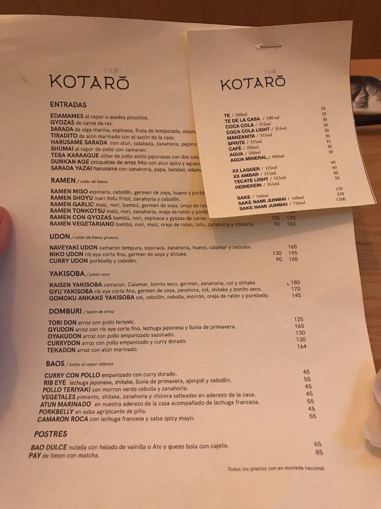 Carta del restaurante Kotaro, Cancún