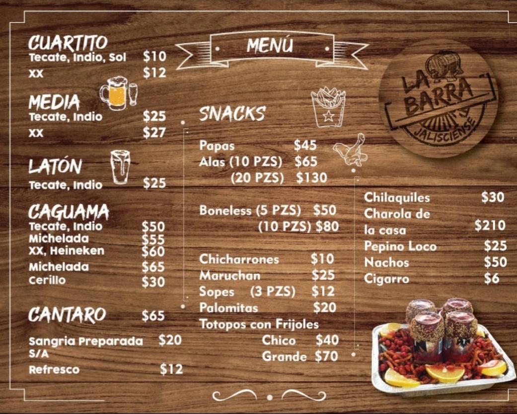 Menu at La barra jalisciense, San Agustín Tlaxiaca