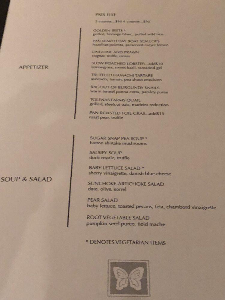 Menu at Le Papillon restaurant, San Jose
