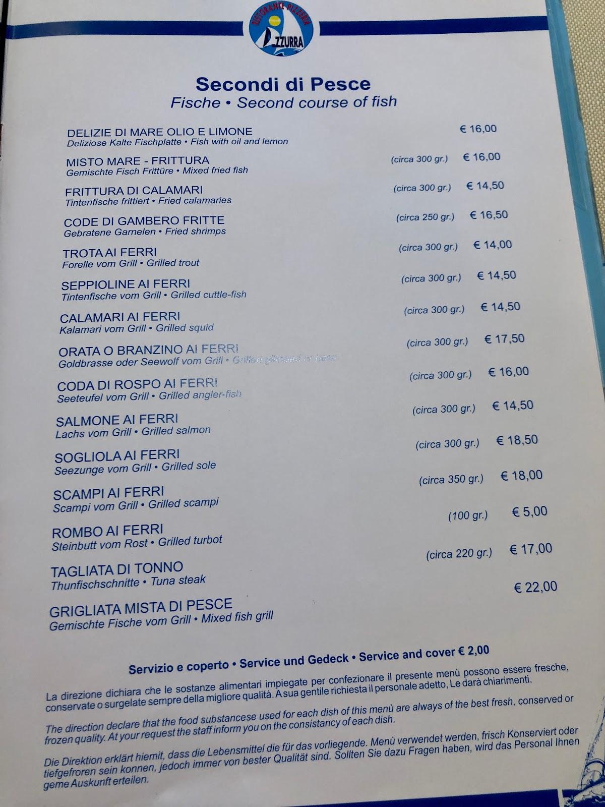 Menu da Ristorante Pizzeria Azzurra, Caorle