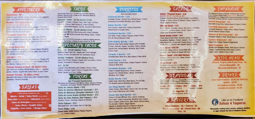 Menu at Salsas 4 Taqueria desserts, Newington